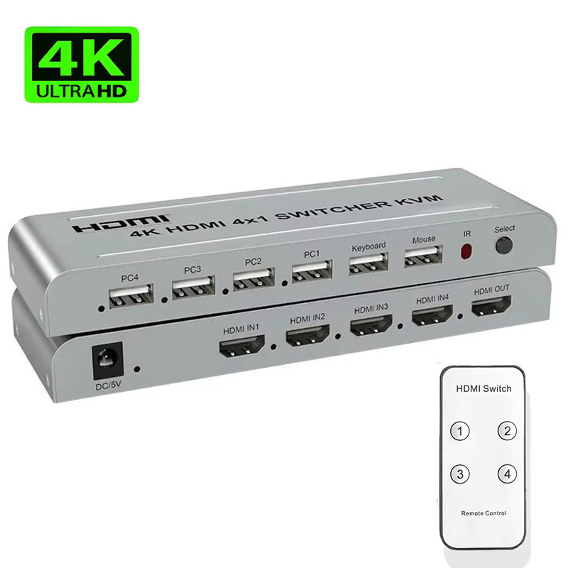 4K HDMI KVM Switch 4 in 1 out 4K 30Hz 4 Port HDMI USB KVM Switcher 4x1 for 4 PC Share 1 Set ...