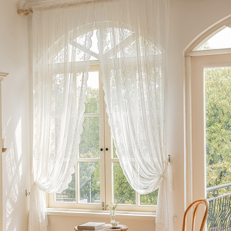 Punch-Free Velcro Curtain rod Curtain Window Screen Curtain White Lace ...
