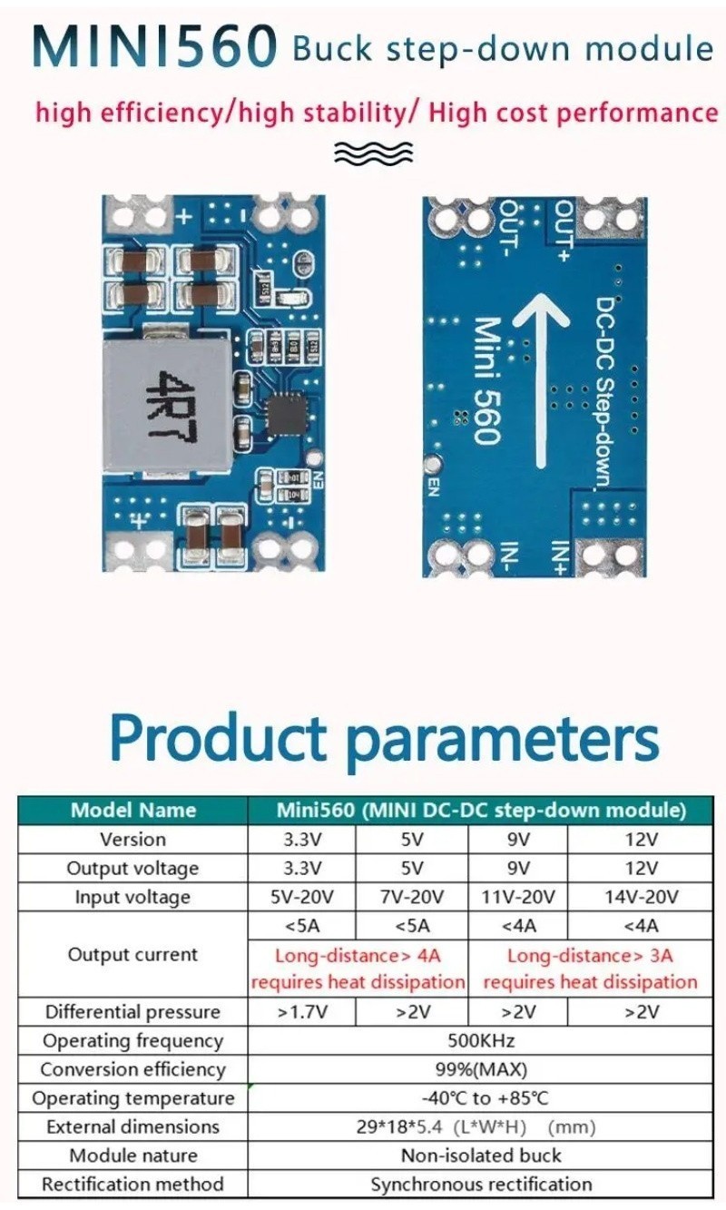 Mini560 / Pro 5A High Efficiency Output 3.3V 5V 9V 12V Step Down DC-DC ...