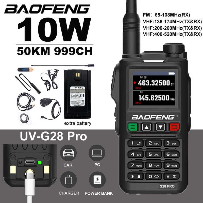New Baofeng UV-G28 PRO Walkie Talkie 50KM Long Range Portable 999CH Ham FM Radios UHF VHF USB-C ...