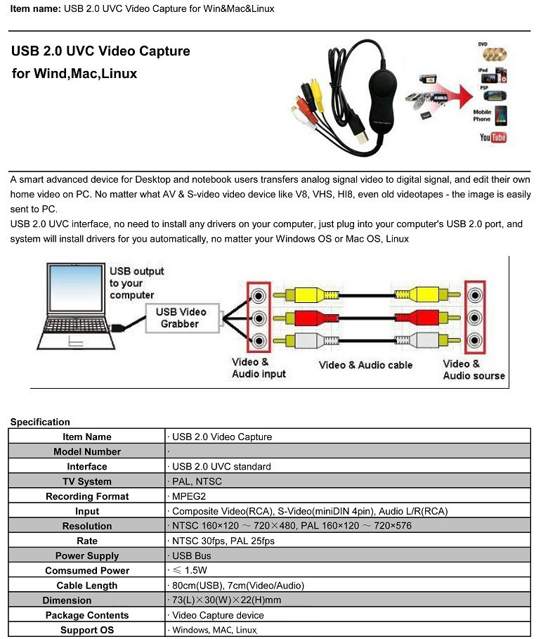 USB 2.0 Audio Video Capture Card S-video AV Analog Video Recorder ...