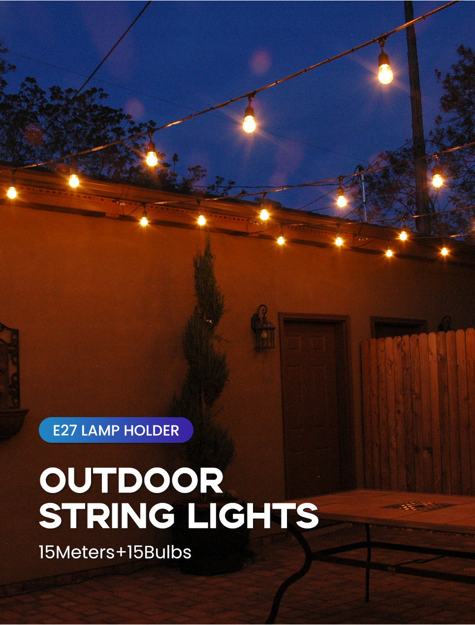 Rong River 48FT Outdoor String Lights 15PCS Bulb Christmas Lights ...