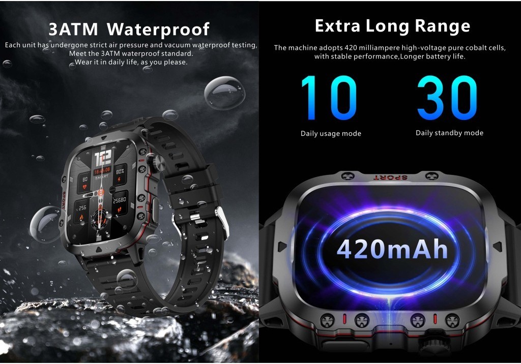 QX11 Rugged Smartwatch Bluetooth Call 3ATM Waterproof Heart Rate ...