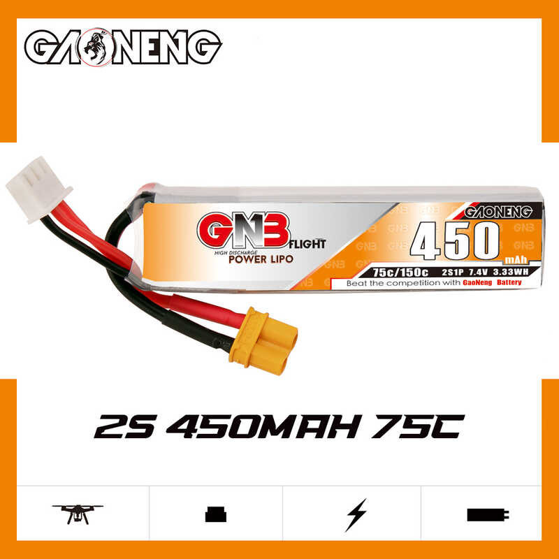 GAONENG GNB 450mAh 2S 75C 150C 7.4V XT30 LiPo Battery Tinyhawk II Small ...