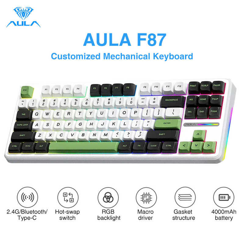 AULA 87 Key Hot-Swappable Customized Mechanical Keyboard Gasket Structure Tri-Mode RGB Backlight ...