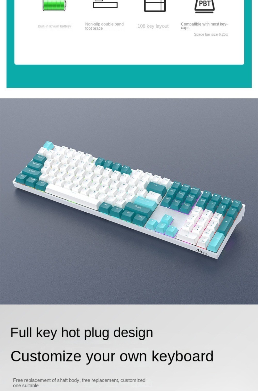 Royal Kludge RK108 Keyboard Mechanical 100% Layout RGB Bluetooth 3-mode ...