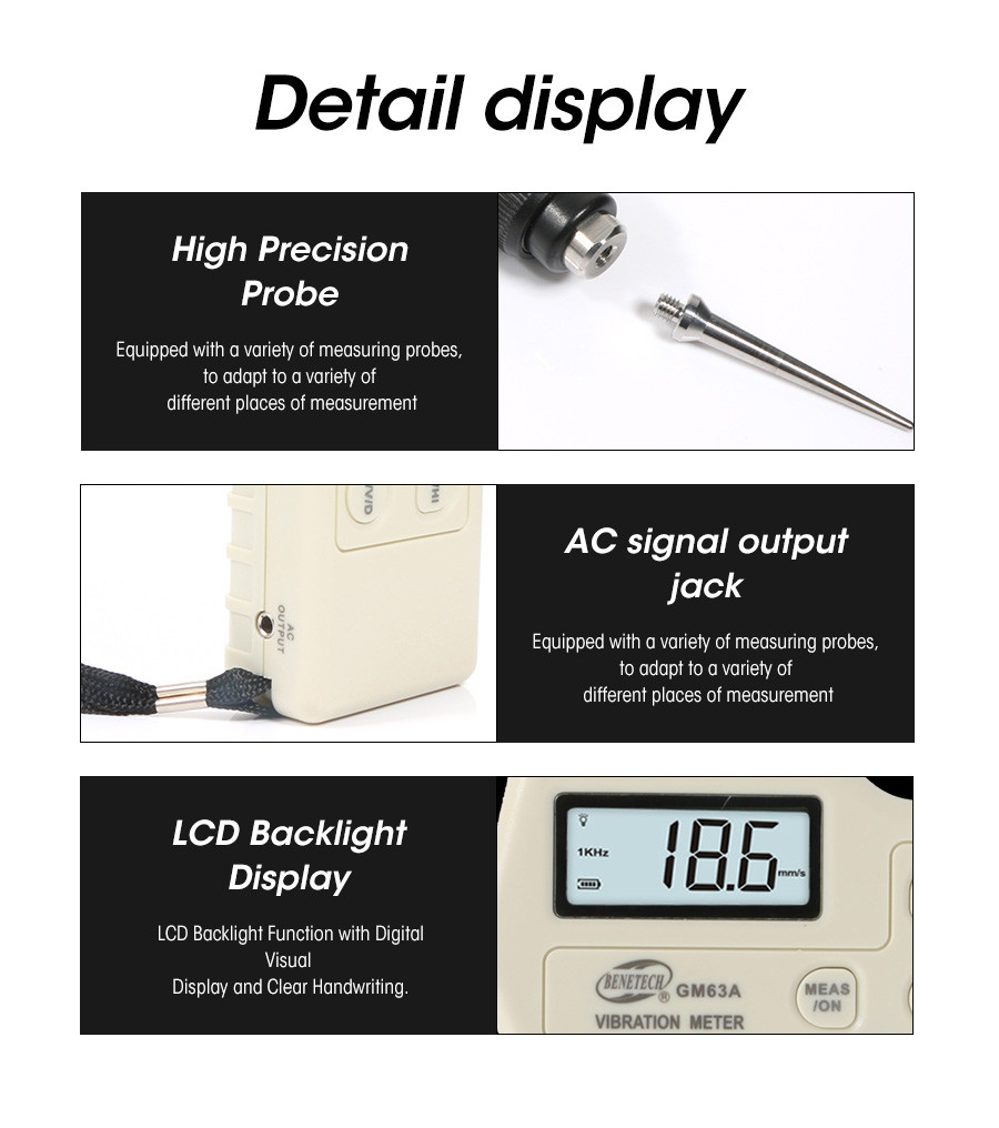 BENETECH Vibration Analyzer Digital Vibration Meter Device Probe ...