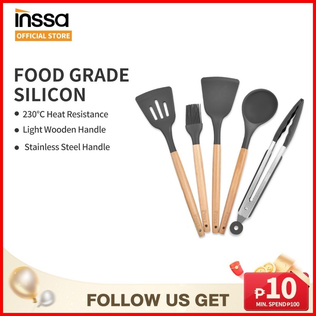 INSSA Cooking Tool Utensils With Wooden Handle Silicone Material Heat ...
