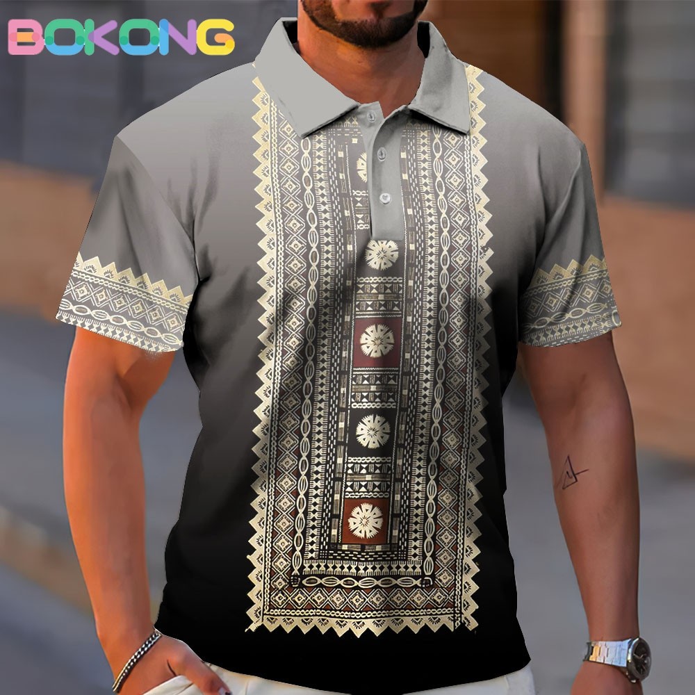 2025 Ethnic Retro Style T-shirt Balong Floral Pattern Printed POLO ...