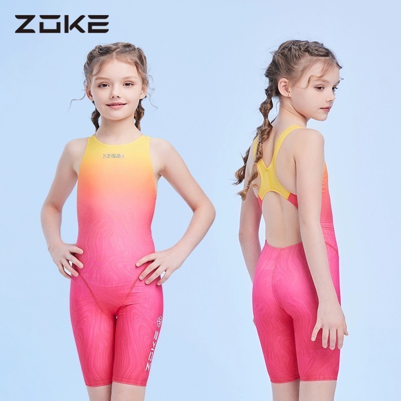 ZOKE Girls Training Swimsuit Kid Competitive Kneesuit Spandex Round Neck Sporty Swimwear For ...