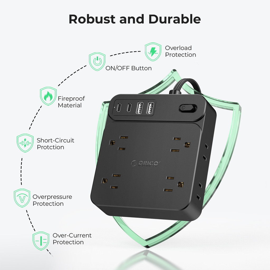 ORICO Extension Cord with 2 USB 2 Type C Ports 8 Gang Ultra Thin Flat ...