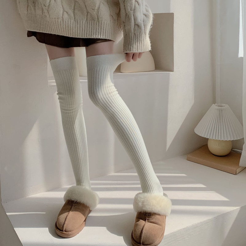 Women Long Socks, Casual Over Knee-High Knitted Calf Socks, Solid Wool ...