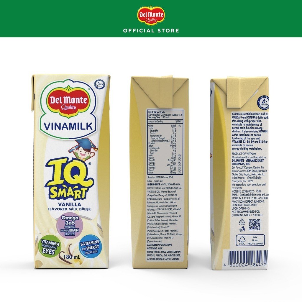 ۞ DEL MONTE VINAMILK IQ SMART® Vanilla Flavored Milk Drink with OMEGA 3 & 6 - 180ml x 10 ...