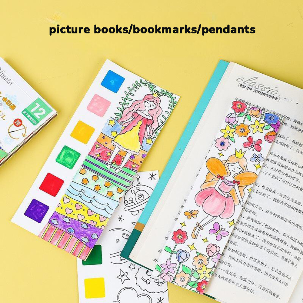 12 Sheet Watercolor Painting Coloring Book Set with Paint Brush Kids ...
