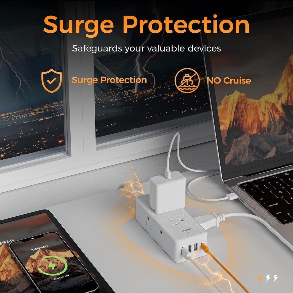 TESSAN Slim Flat Plug Power Strip with USB +Type C, Surge Protector ...