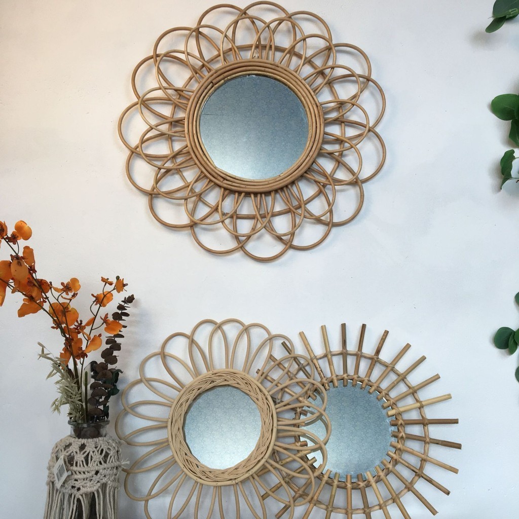 Nordic Deco Mirror Round Rattan Mirror Wall Deco Decoration 2023 Cermin ...