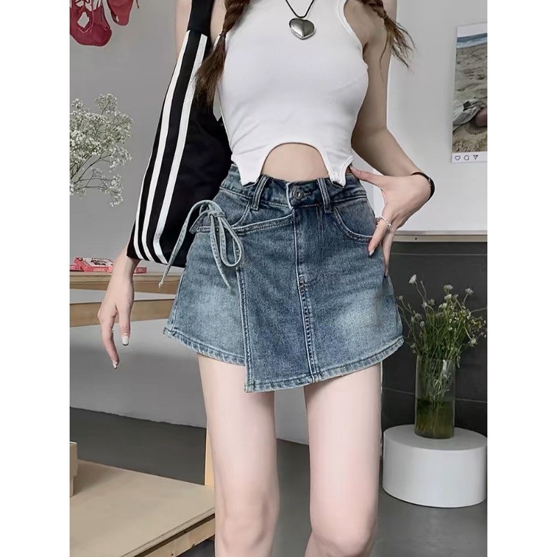 Spring and Summer Korean Style Denim Shorts Straps High Waisted Simple ...