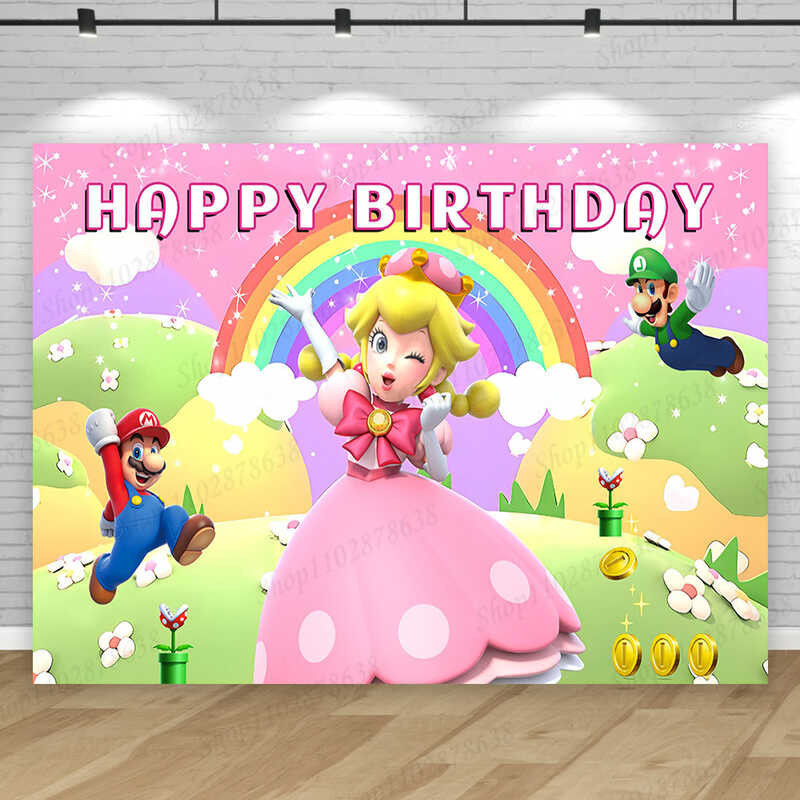 Peach Party Princess Backdrop Decor Pink Super Mario Theme Kid Birthday ...