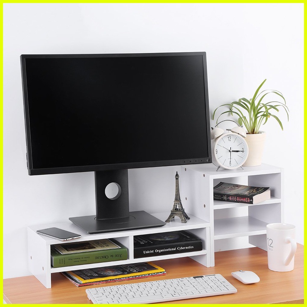 ♥ ﹊ KRUZO V2 Wooden Space Saver Monitor Riser with Side Bookcase (White ...
