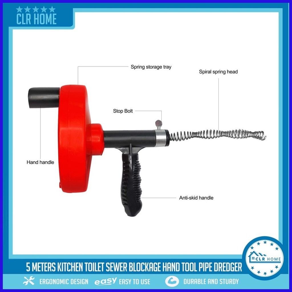 5M Drain Dredge Plug Flexible Spiral Snake Rod Sink Sewer Pipe Drain ...