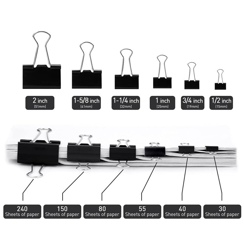 12pcs Black Metal Binder Clips - Paper Clamps Clips - School Office ...