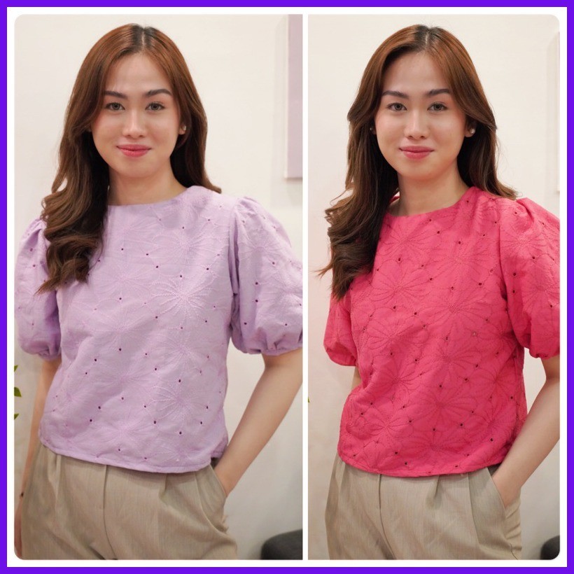 UNIQ.MNL Matilda Eyelet Fashion Puff Sleeves Round Neck Top | FREESIZE | Shopee Philippines