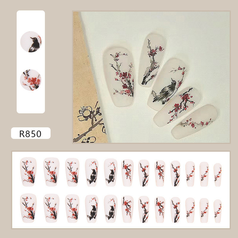 Matte Chinese Ink Painting Style Fake Nails Long False Nails 24 Pcs/box ...