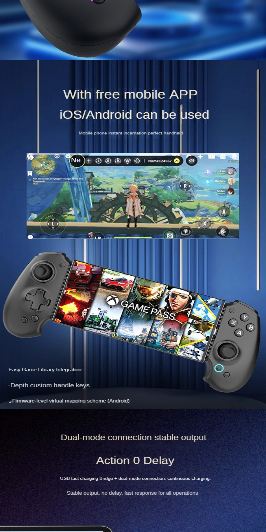 Abxylute S9 Full-Size Stretchable Hall Effect Mobile Gamepad for Android & IOS Type-C ...