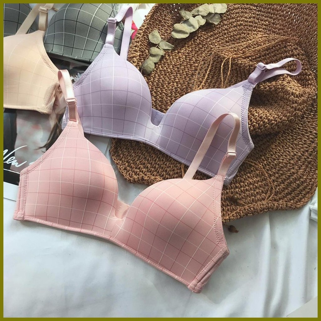 ∛ ♟ New Women Fashion Bra Panty Set Wireless Padded Bras Plaid Female ...