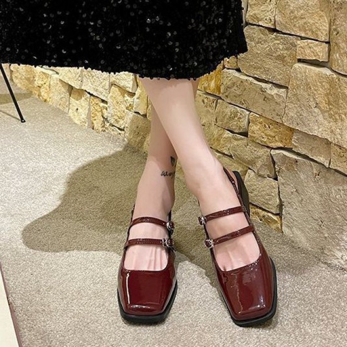 French Retro Square Toe Thick Heel Mary Simple Shoes Women Fairy Closed ...