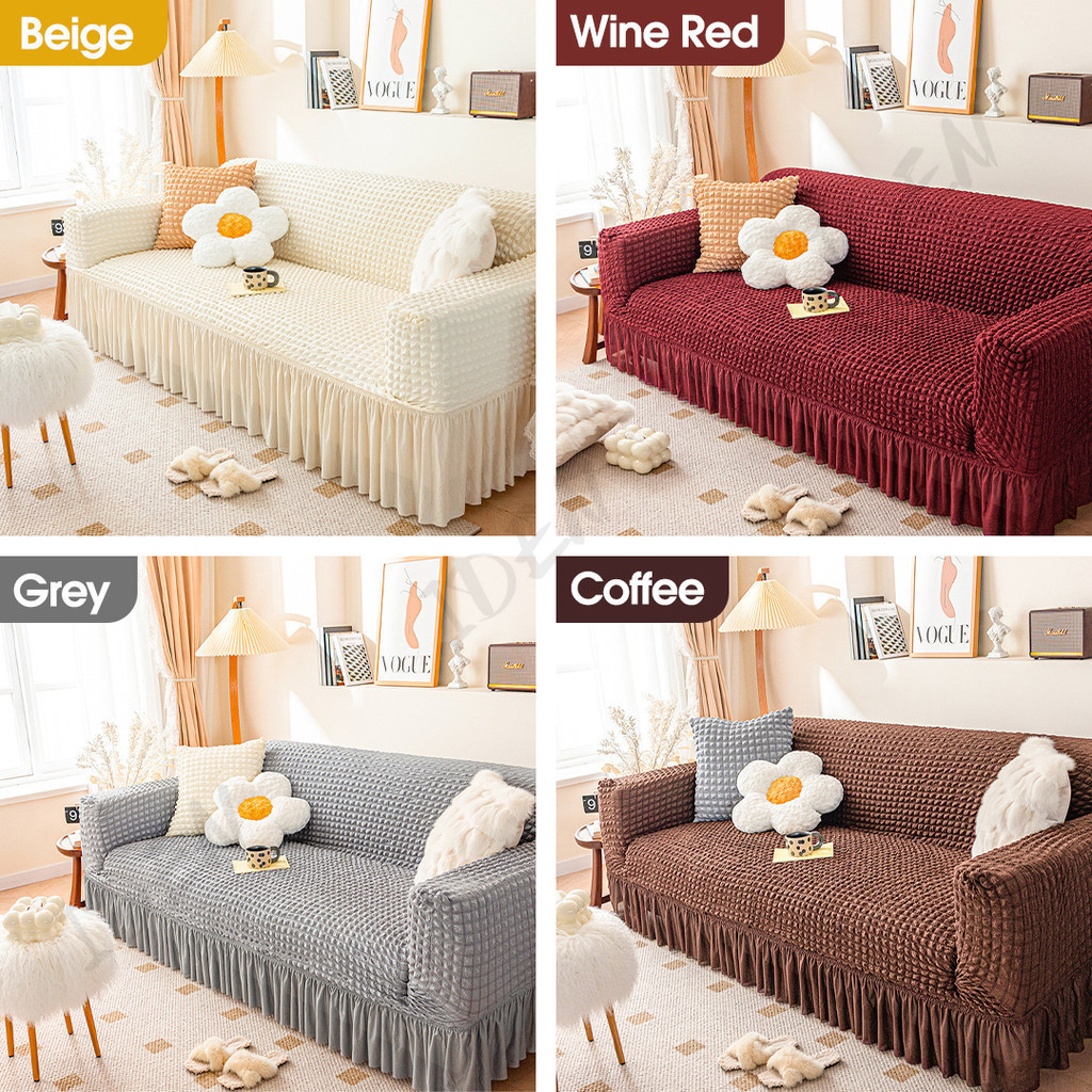 1/2/3/4 Seater Skirt Sofa Cover Seersucker Sofa Protector SofaCover ...