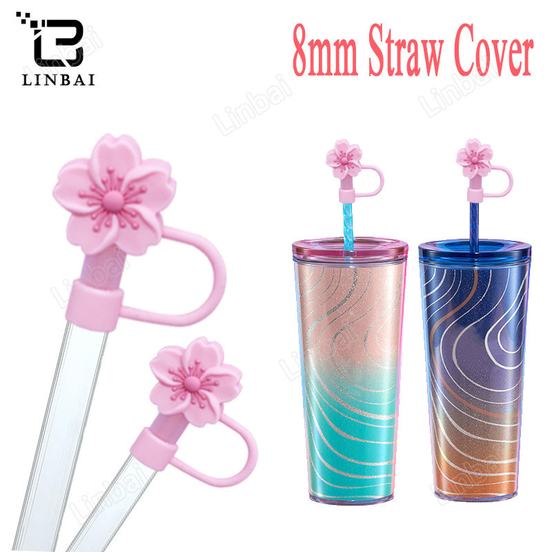 3pcs 8mm Straw Cap Pink Flowers Straw Topper Silicone Straw Cover for ...