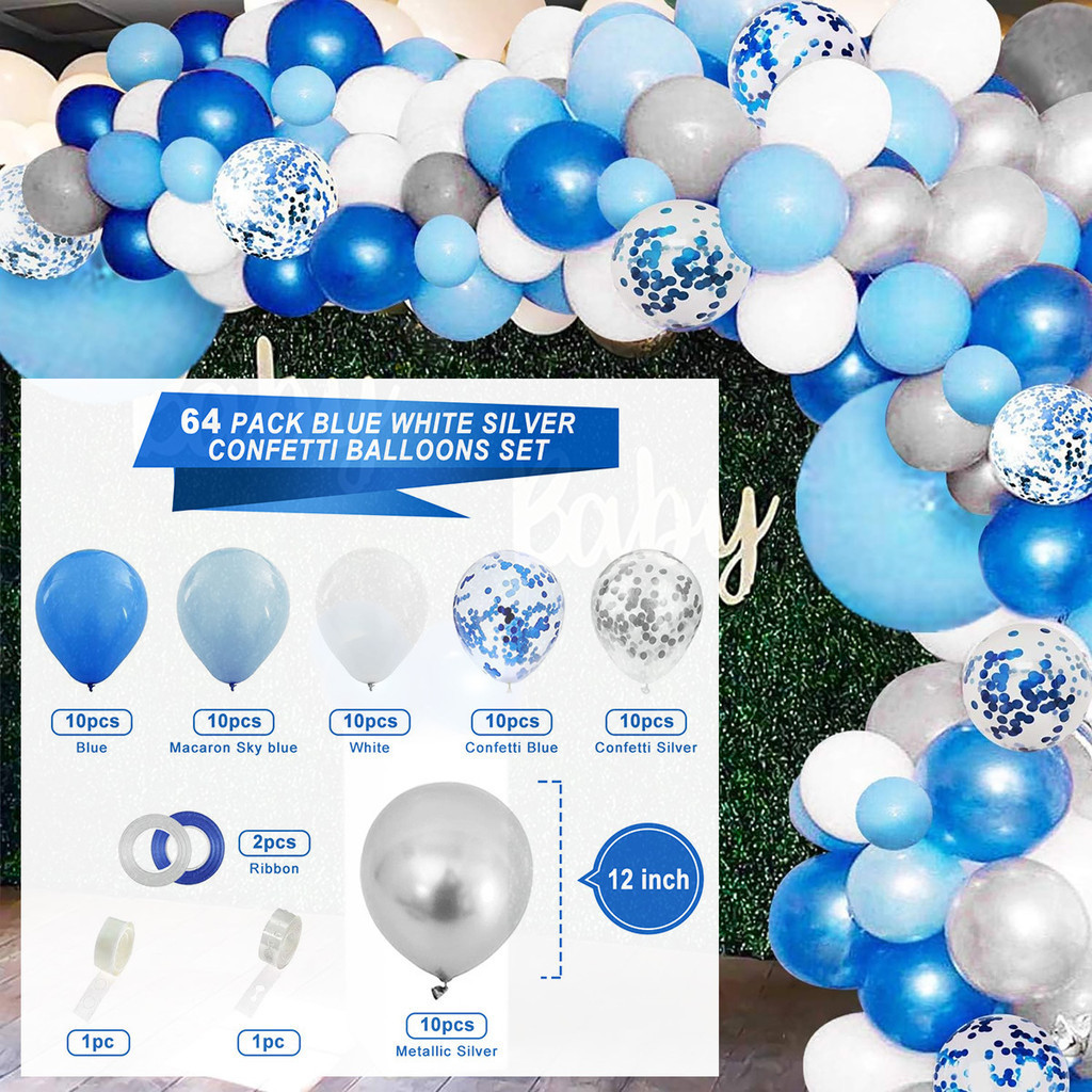 Blue White Silver Confetti Balloon Set 12" Latex Balloons Garland Arch ...
