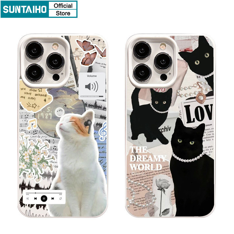 Suntaiho Funny Cute Casing Pearl Black Cat Pattern Phone Case for ...