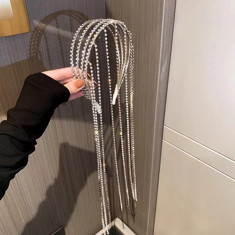 Silver Metal Flowing Diamond Hair Band Diamond Long Tassel Headband ...