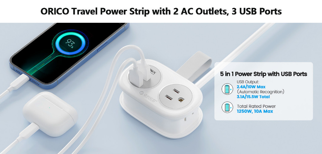 ORICO Travel Power Strip with USB and Type C Ports Retractable Pocket ...