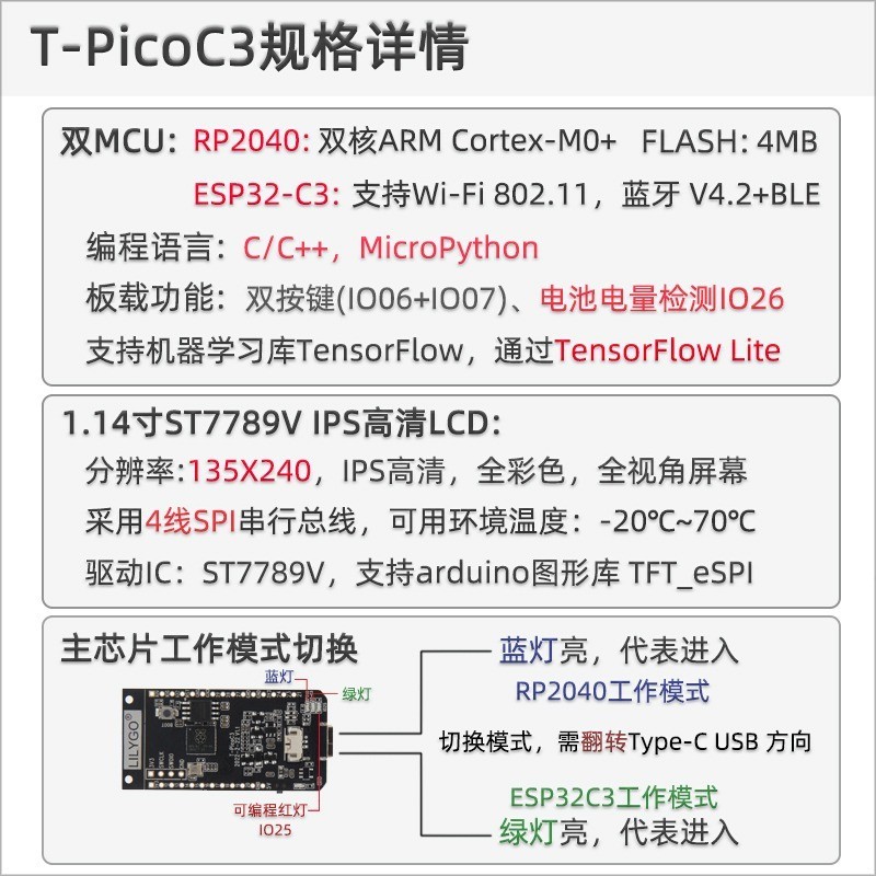 T-PicoC3 suitable for Raspberry Pi RP2040 ESP32-C3 LCD with 1.14-inch ...