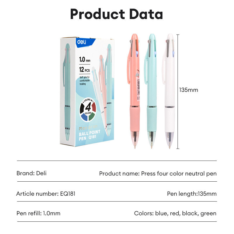 Deli Four-Color Ballpen Multicolor Ballpoint Pen（Black/Blue/Red/Green ...