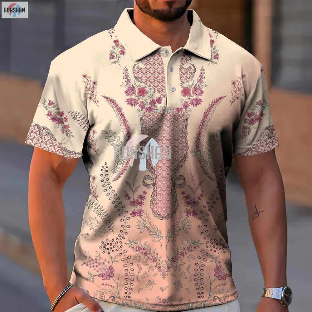 2025 Ethnic Retro Style T-shirt Balong Floral Pattern Printed POLO ...