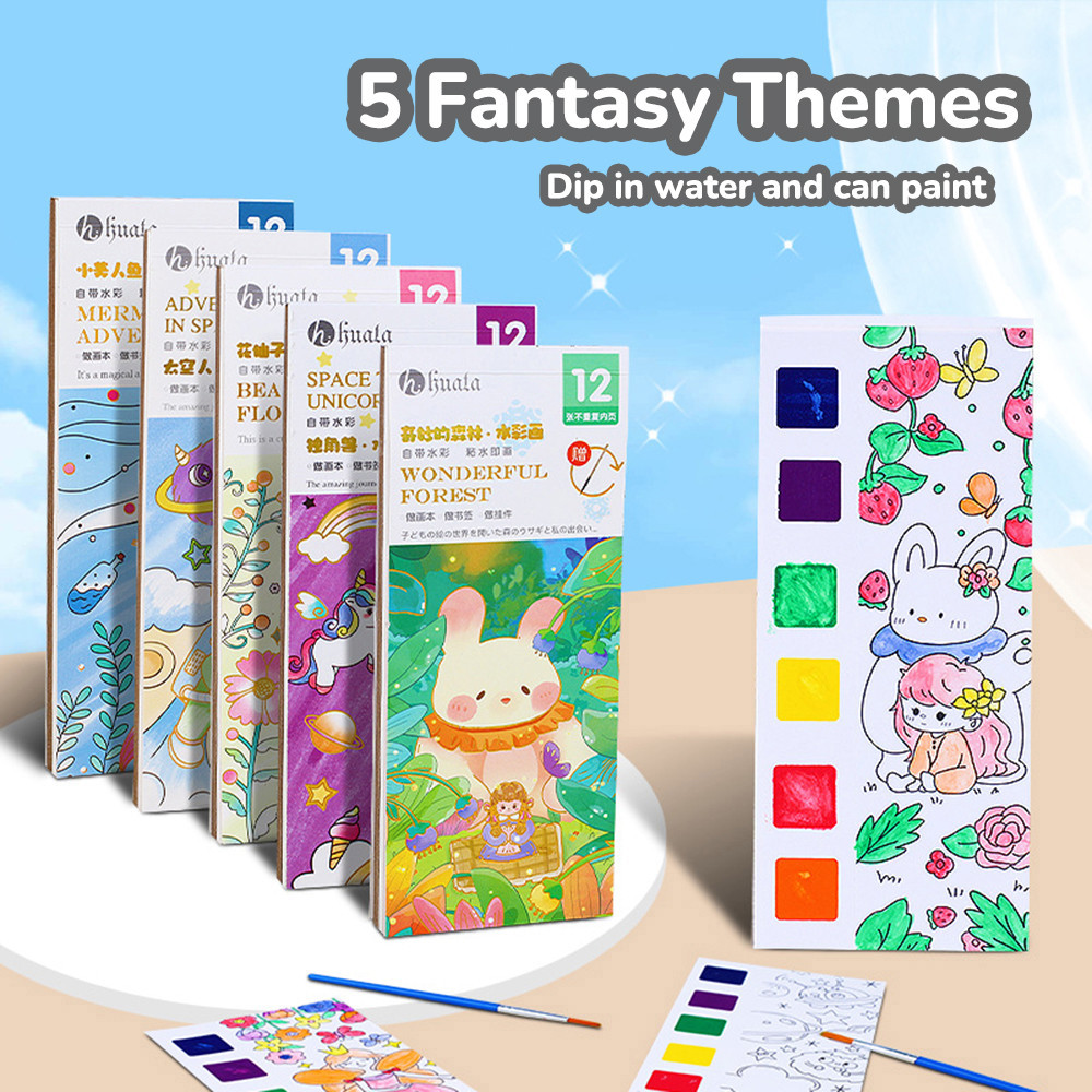 12 Sheet Watercolor Painting Coloring Book Set with Paint Brush Kids ...