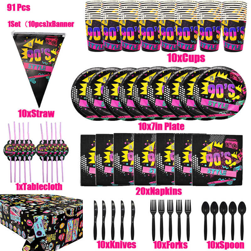 90s Supplies Neon Retro Plates 1990s Birthday Decorations Backdrop ...