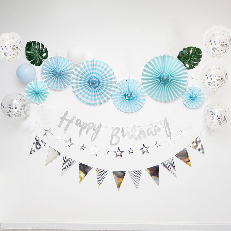 Happy Birthday Banner Set Decorations Paper Fan Flower Blue Pink 60th ...