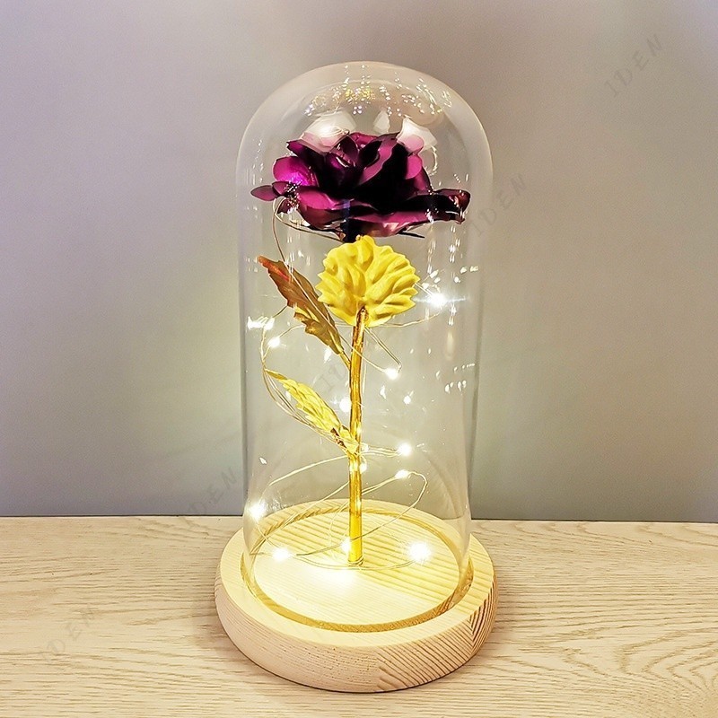 Artificial Rose With Led Light In Glass Dome With Wooden Base Flower ...