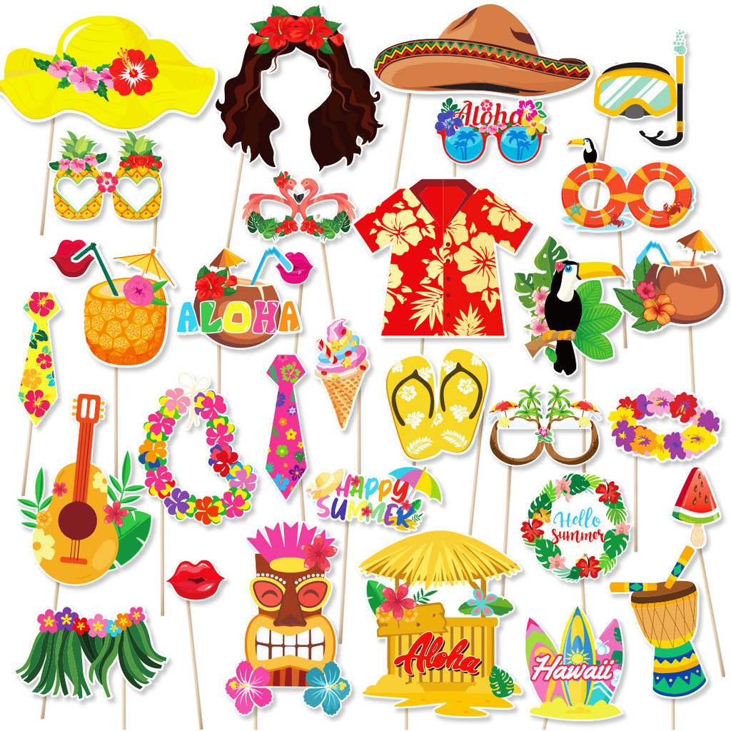 30pcs Hawaiian Photo Booth Props Set Hawaiian Party Photography Summer ...