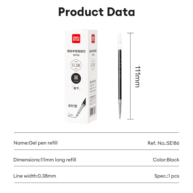 Deli SE186 0.38mm Quick-drying Neutral Refill 1PCS Press Full Needle ...