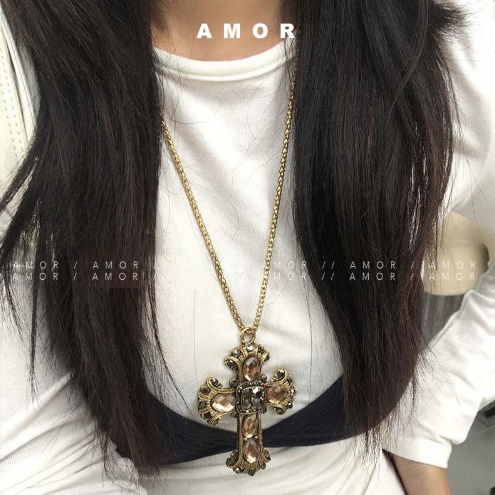 Y2K Diamond Cross Necklace Punk Long Female | Shopee Philippines