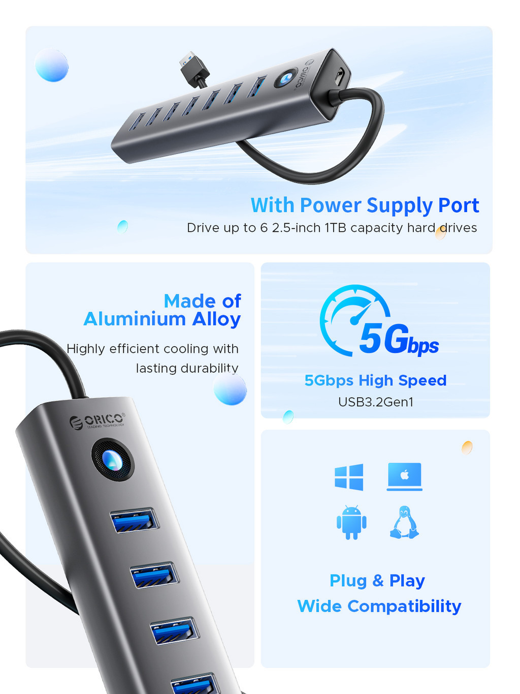 ORICO USB 3.0 HUB 5Gbps Dock Station 7-Port USB A Type C HUB S for Surface Macbook Laptops (CL7U ...