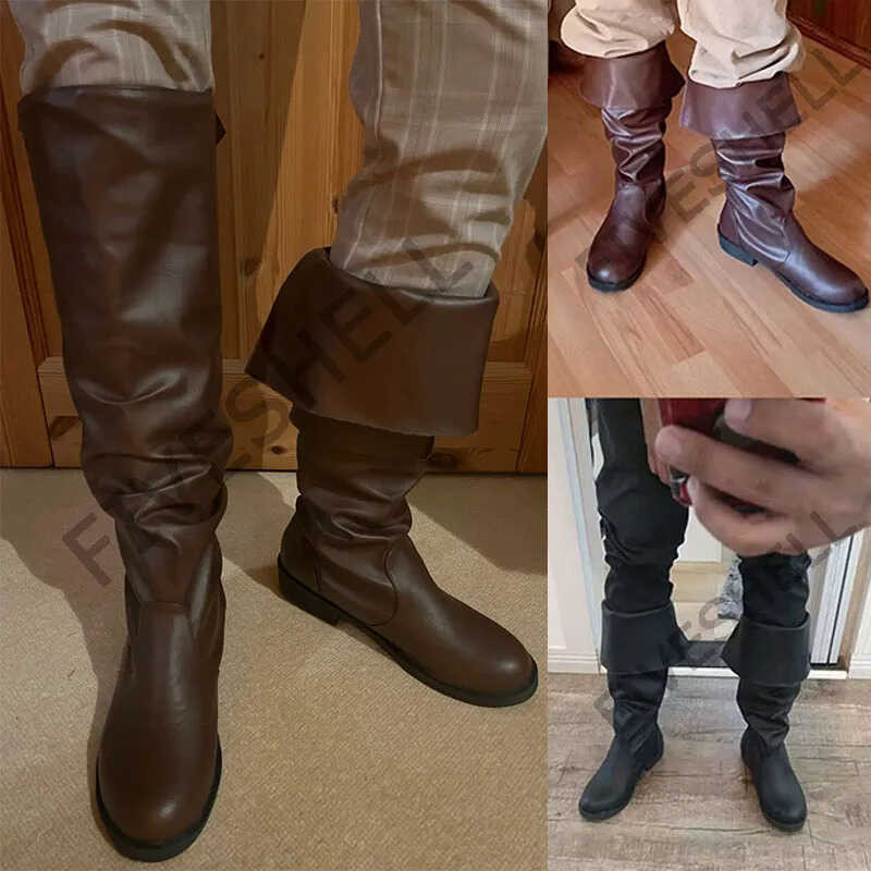 Shoes Thigh-High Medieval Flat Men's R Cowboy Faux Leather Black Brown ...