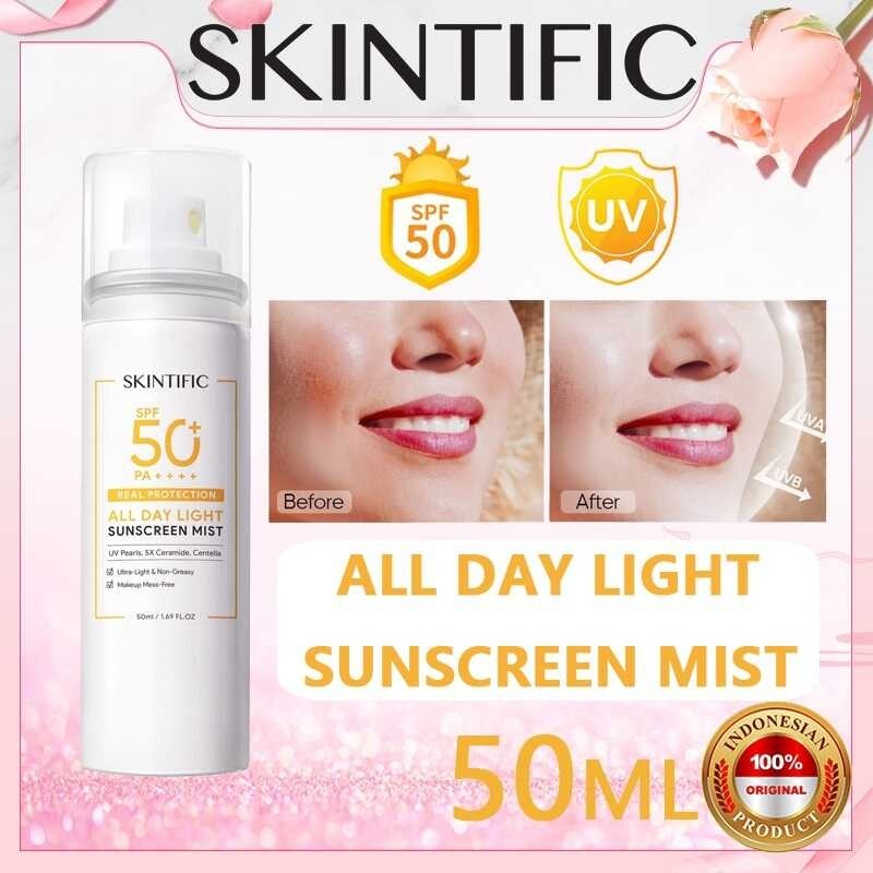SKINTIFIC All Day Light Sunscreen Mist SPF50 PA 50ml Whitening Sunblock Spray Anti UV Face/Body ...