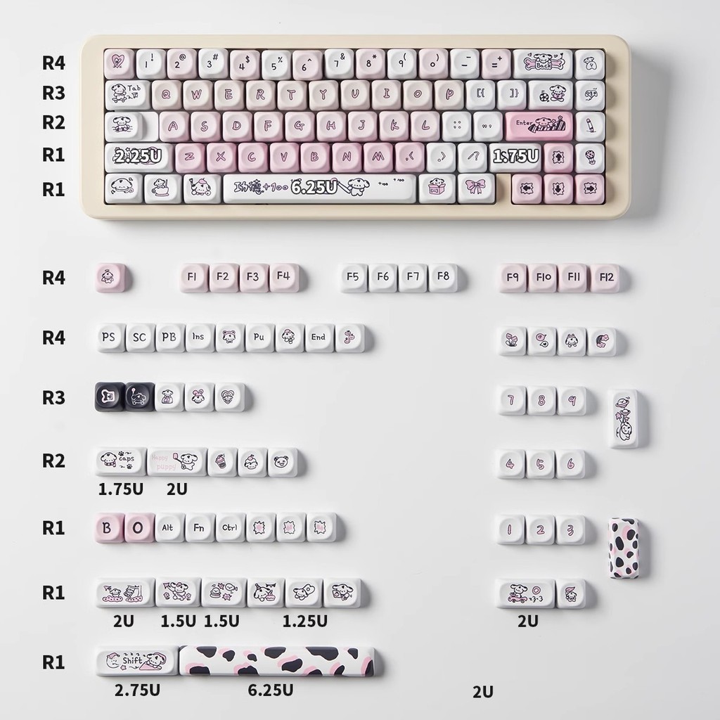 MOA 132 Keys Pink Puppy dog keycap PBT Cute Round keycaps set for ...